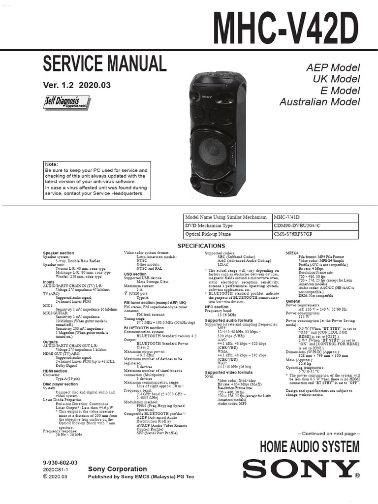 Sony MHC-V42D Service Manual | PDF | Frequency Modulation | Loudspeaker
