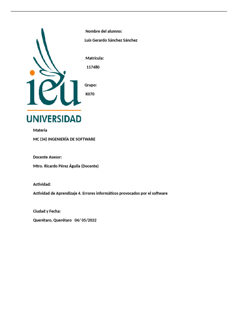 Actividad de Aprendizaje 4. Errores | PDF | Software | Informática