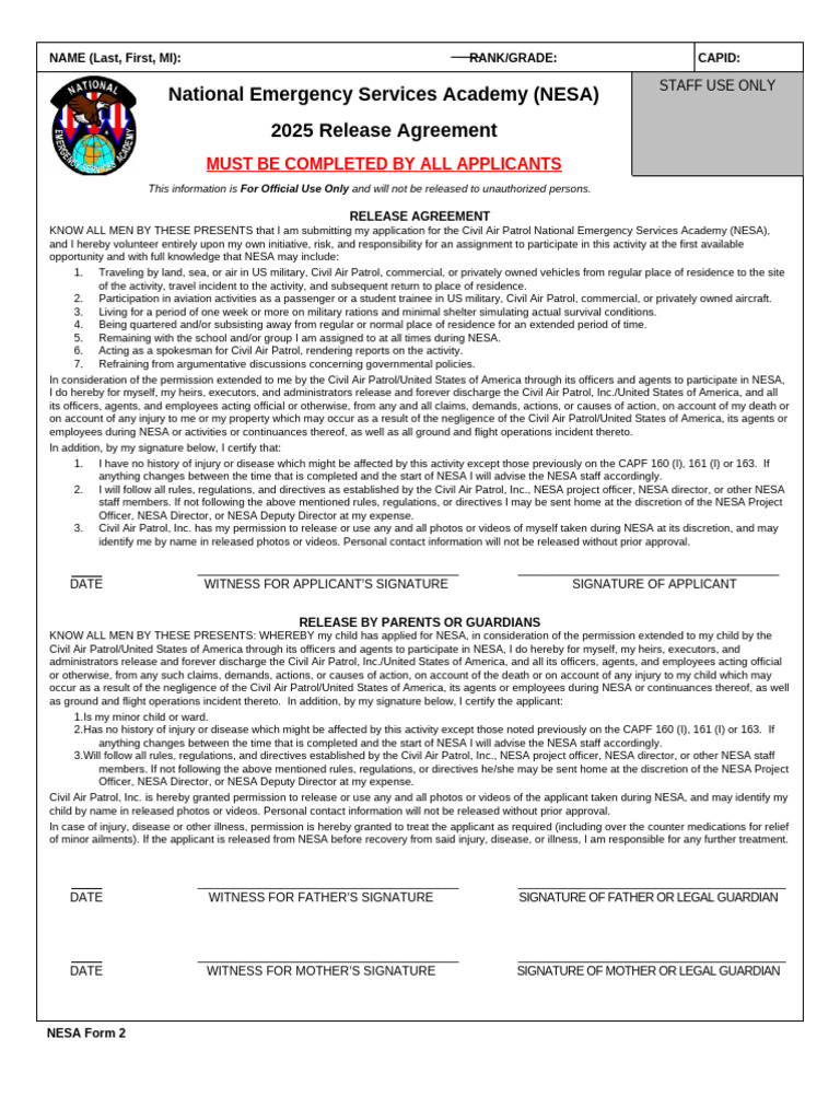 NESA Release Form (Required) | PDF | Civil Air Patrol