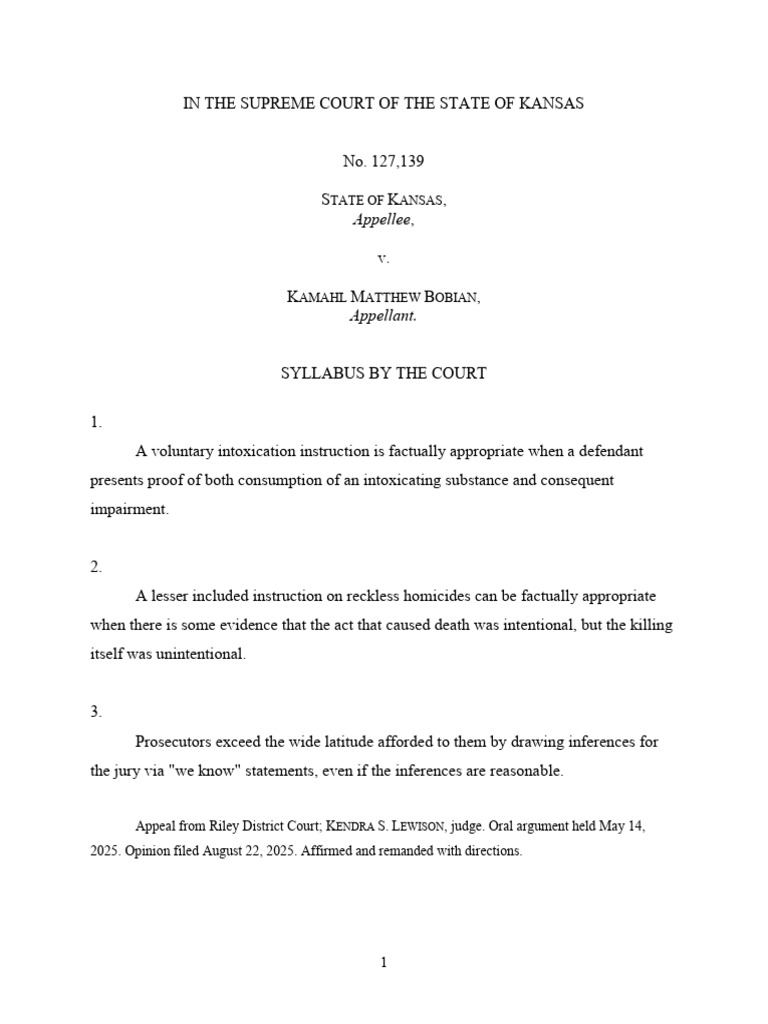 State of Kansas v. Kamahl Matthew Bobian | PDF | Murder | Appeal