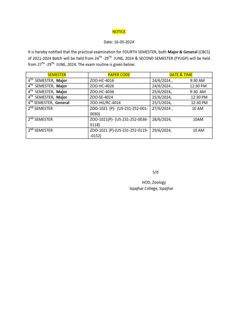 Fourth and Second Semester Exam Schedule | PDF