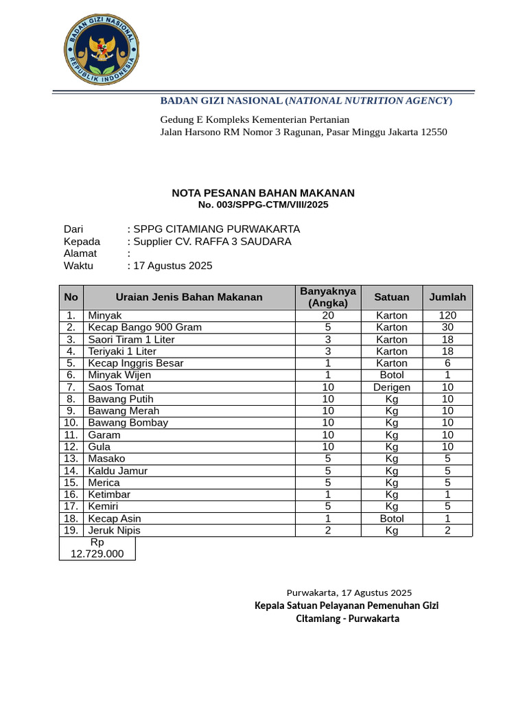 Nota Pesanan Bahan Makanan MBG | PDF