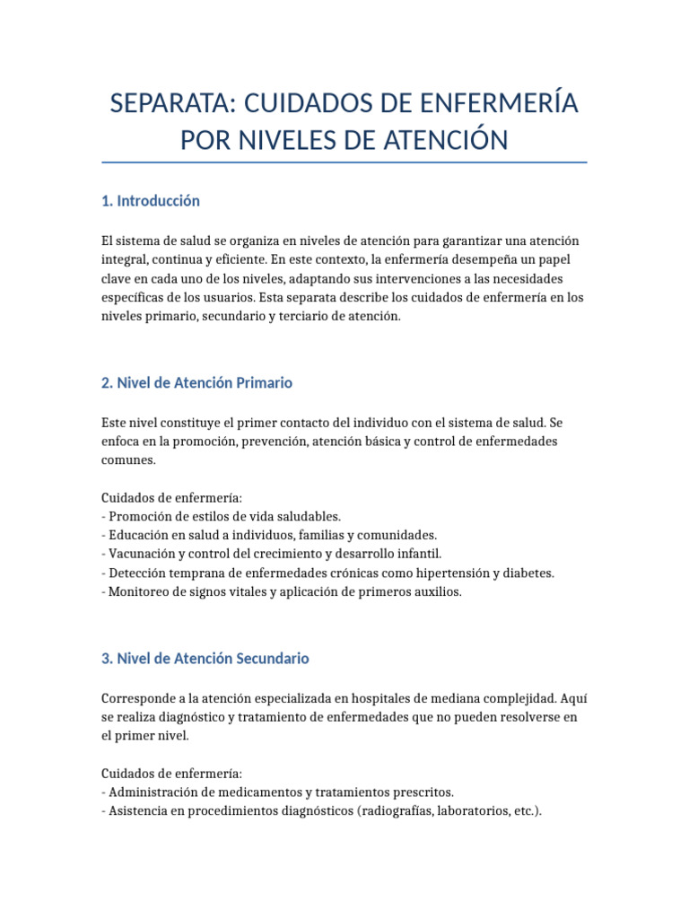 Separata Cuidados Enfermeria Niveles Atencion | PDF | Cuidado de la salud | Hospital