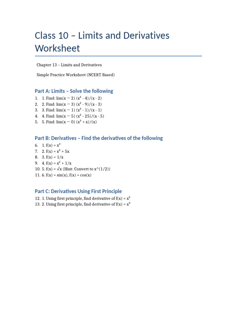 Limits and Derivatives Worksheet Class10 | PDF