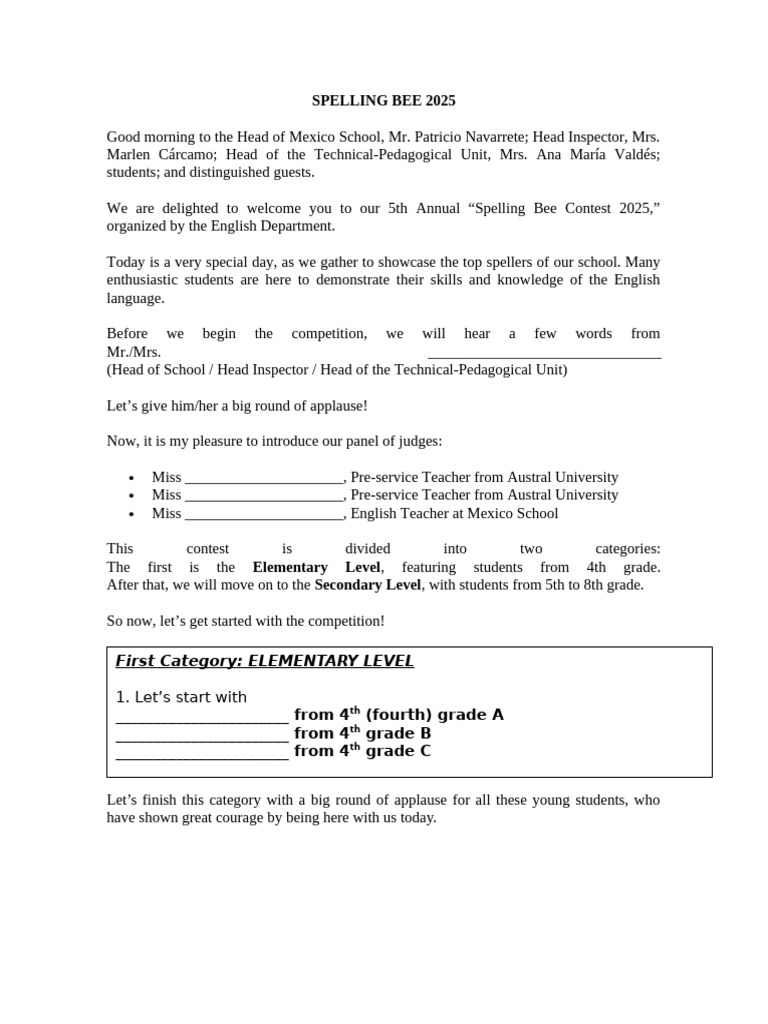 Spelling Bee Contest 2025 Overview | PDF | Spelling