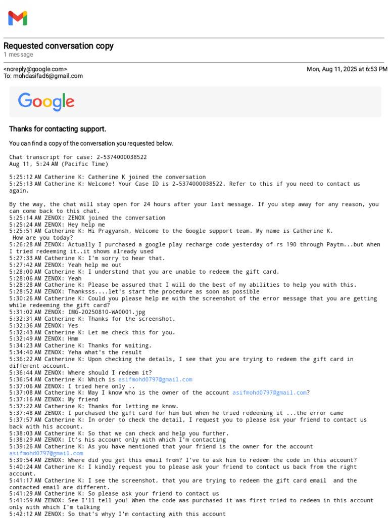 Gmail - Requested Conversation | PDF | Google Play | Gift Card