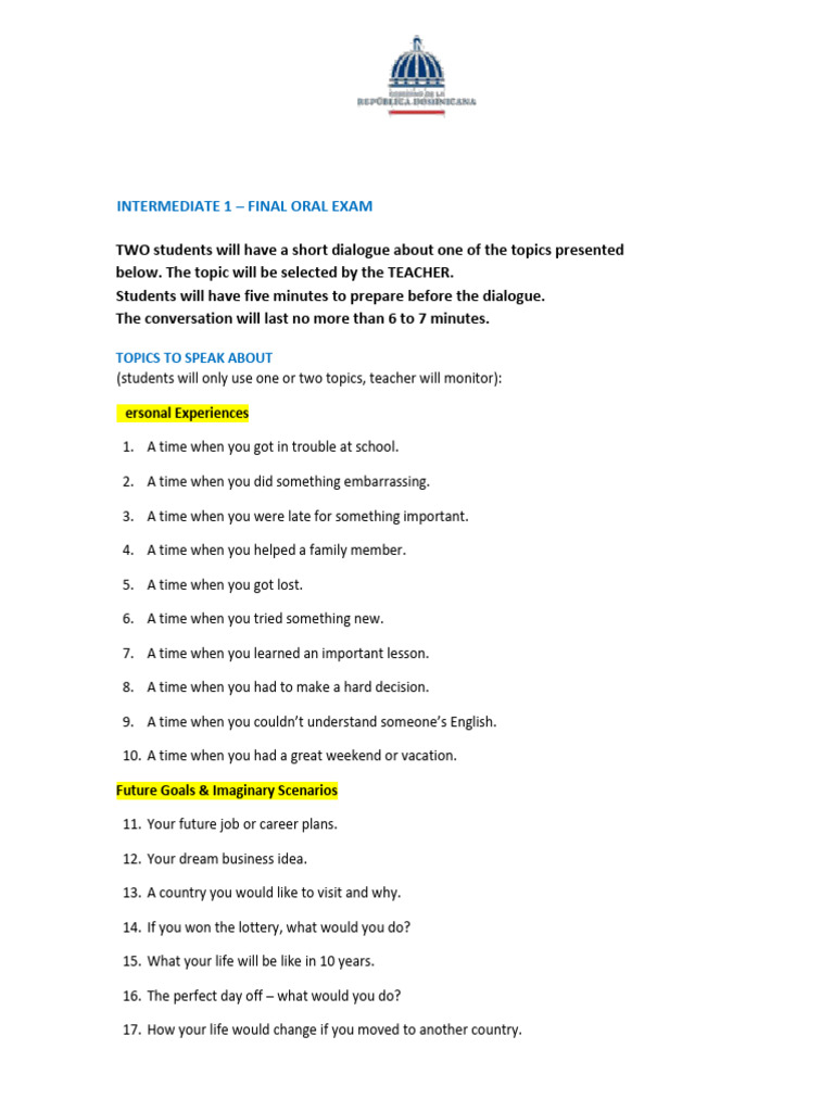 Intermediate 1 - Final Oral Exam 2025 | PDF | Perfect (Grammar) | Syntax
