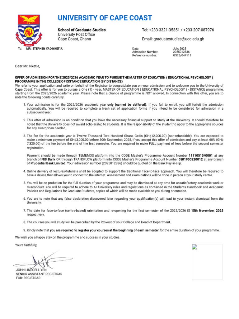 Applicant Admission Letter | PDF
