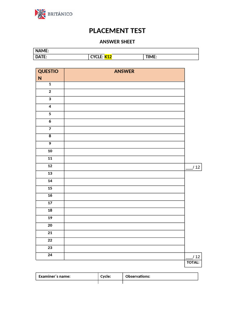 Placement Test Answer Sheet Kids Courses - Part 2 | PDF