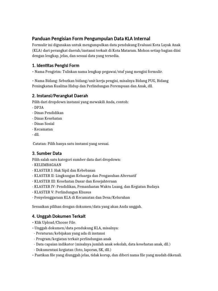Panduan Pengisian Form KLA Mataram | PDF