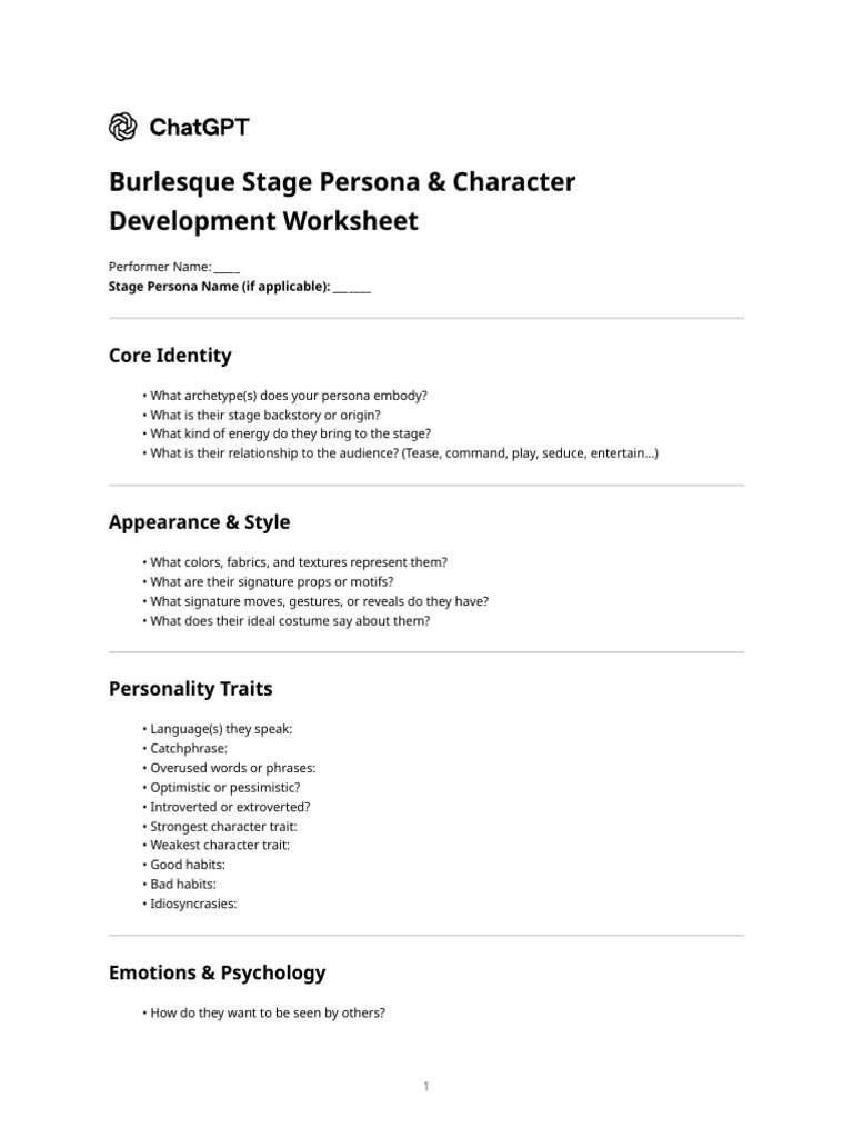 Burlesque Character Development Guide | PDF | Psychological Concepts ...