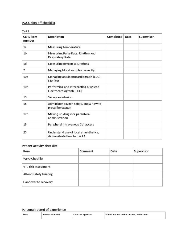 POCC Sign Off Checklist | PDF | Intravenous Therapy | Electrocardiography