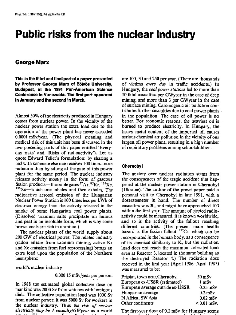 Public Risks Nuclear Industry | PDF | Chernobyl Disaster | Nuclear Power