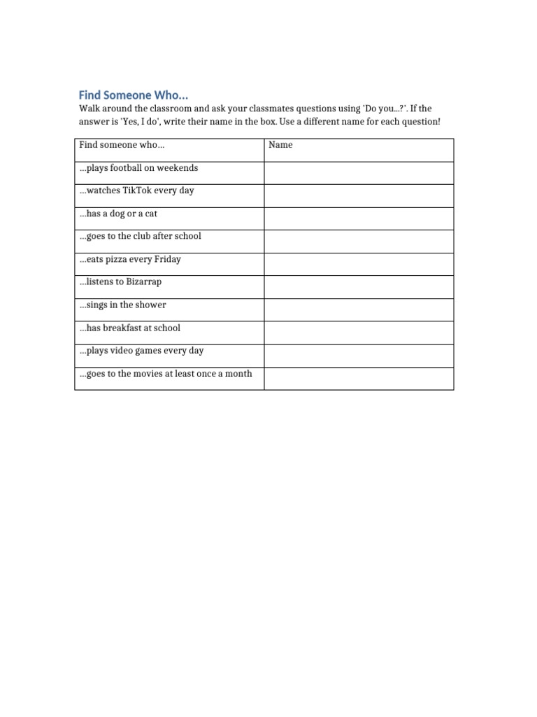 Find Someone Who Present Simple | PDF