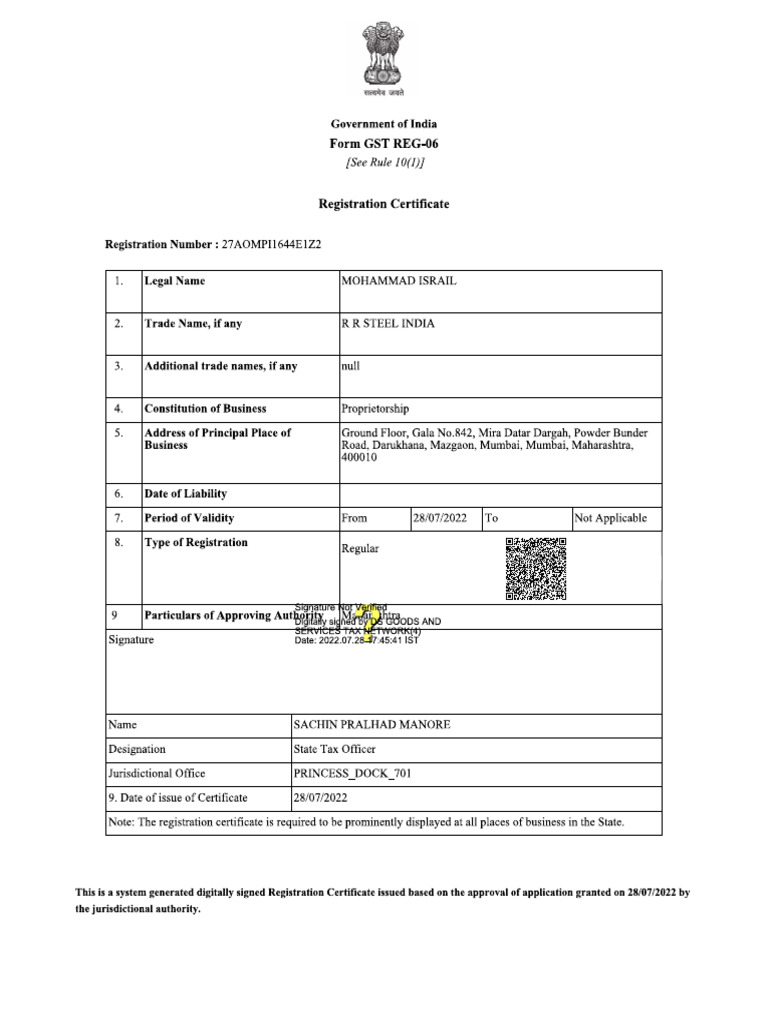 GST Registration Certificate RR | PDF