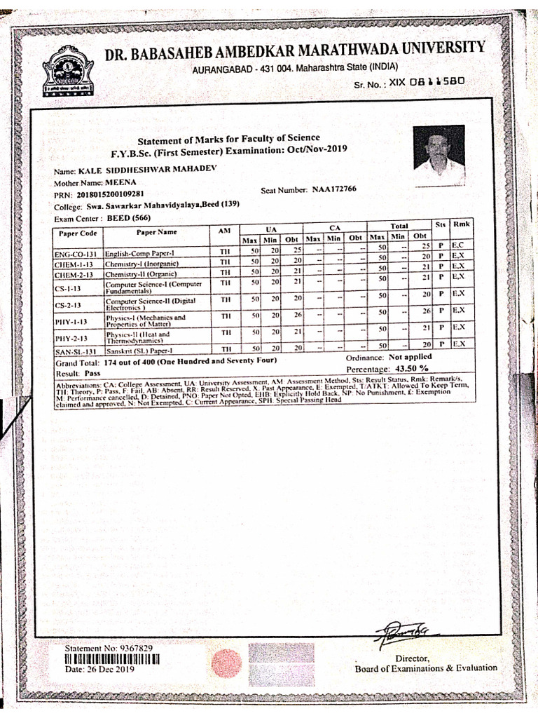 All BSC Marksheet - Siddheshwar Kale | PDF