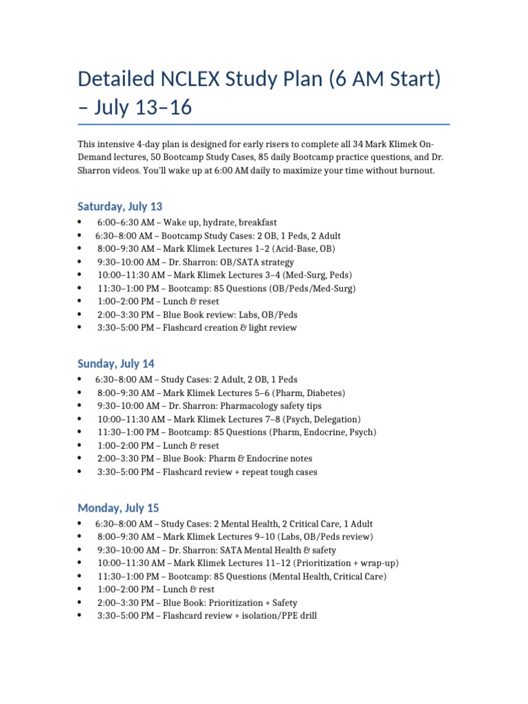 Detailed 6AM NCLEX Study Schedule | PDF