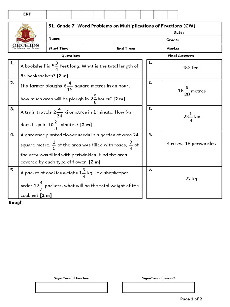 Grade 7 - Word Problems On Multiplications of Fractions | PDF