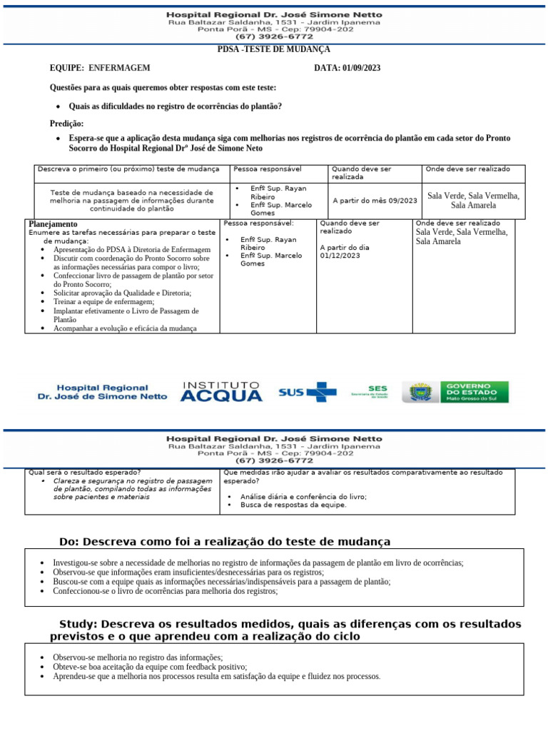 PDSA - Livros de Ocorrência | PDF | Enfermagem