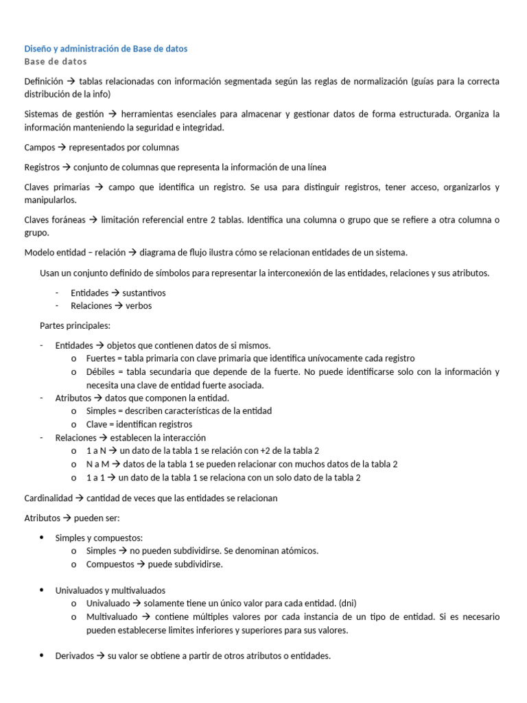 Diseño y Administración de Base de Datos - Resumen | PDF | SQL | Datos