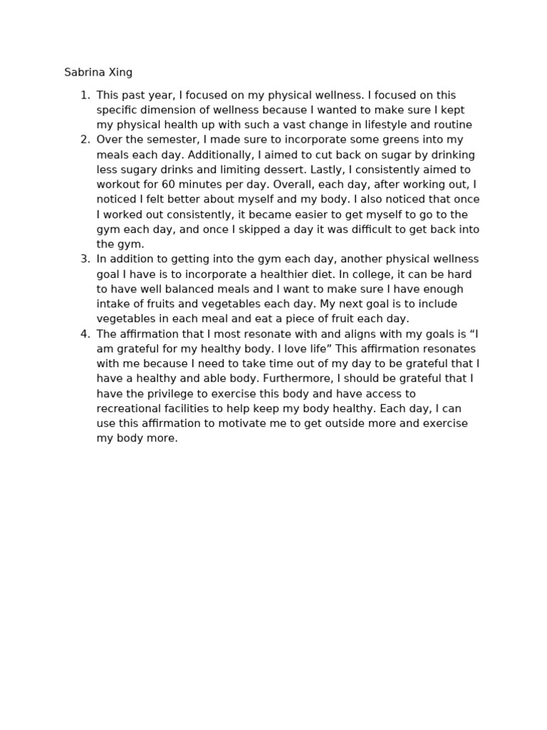 Personal Reflection On Health and Wellbeing | PDF