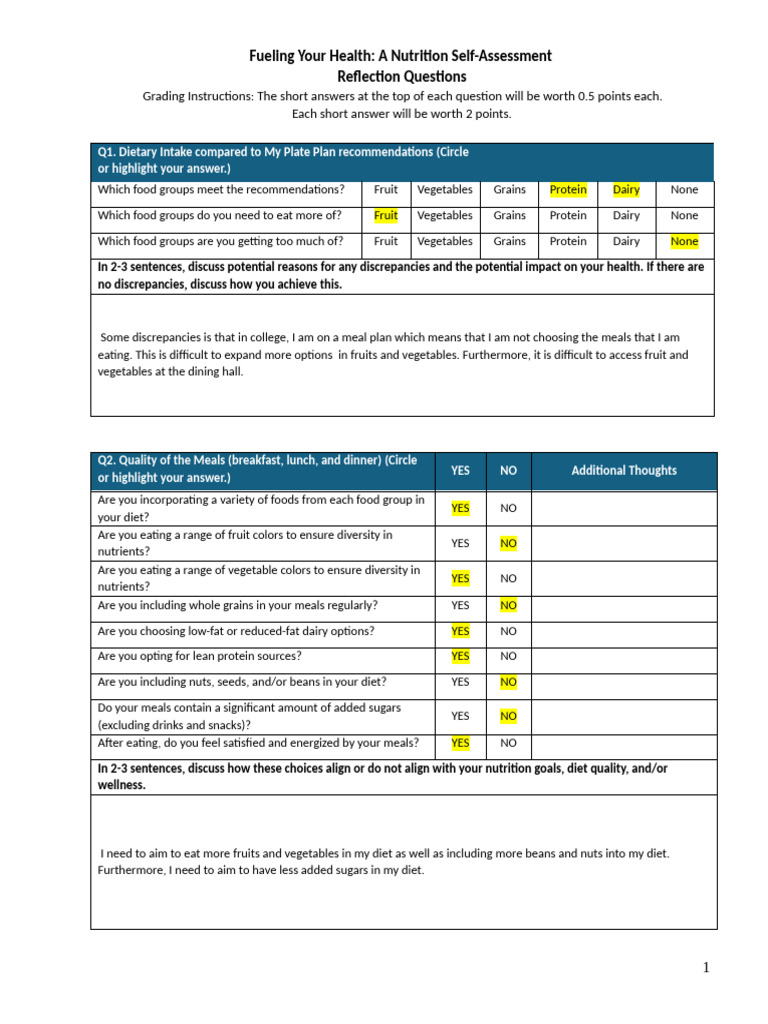 Nutrition Self-Assessment for Students | PDF | Foods | Diet (Nutrition)