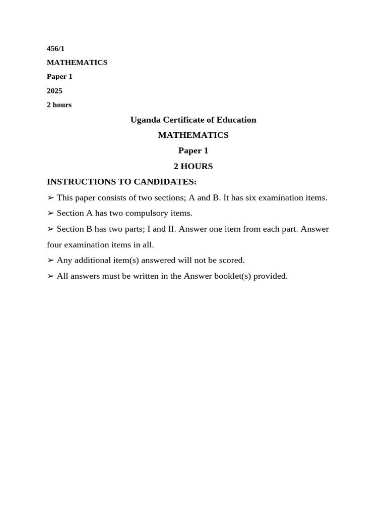 Uganda Mathematics Exam Paper 2025 | PDF | Sales | Prices