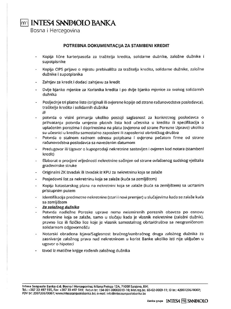 Potrebna Dokumentacija Za Stambeni Kredit | PDF