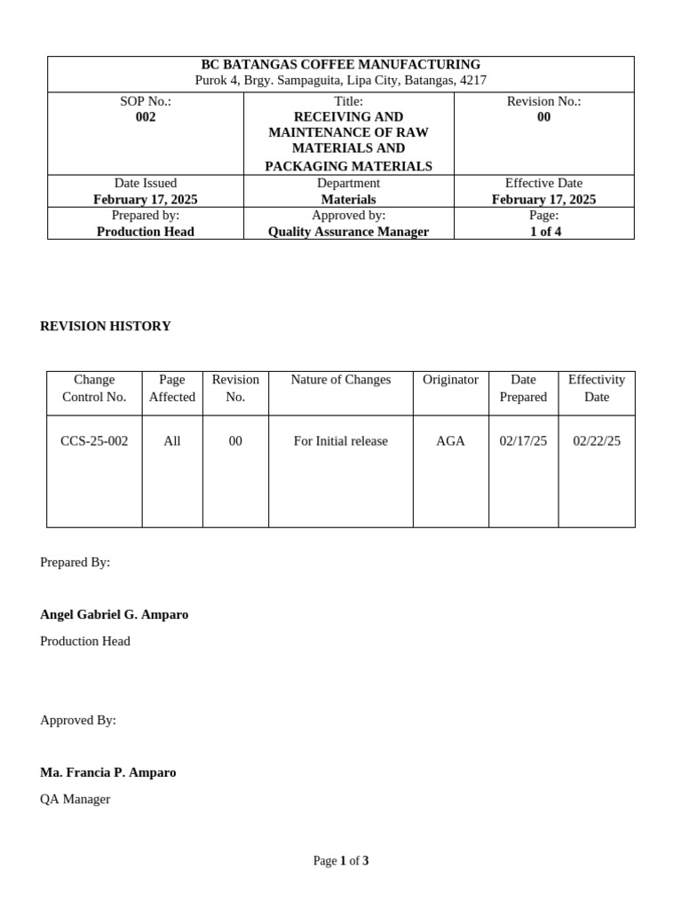Raw Materials Maintenance SOP | PDF | Warehouse