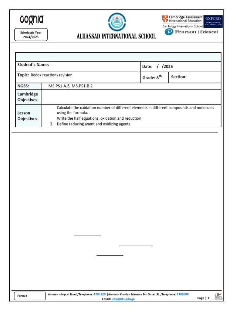 Redox Reactions Worksheet with Answers | PDF