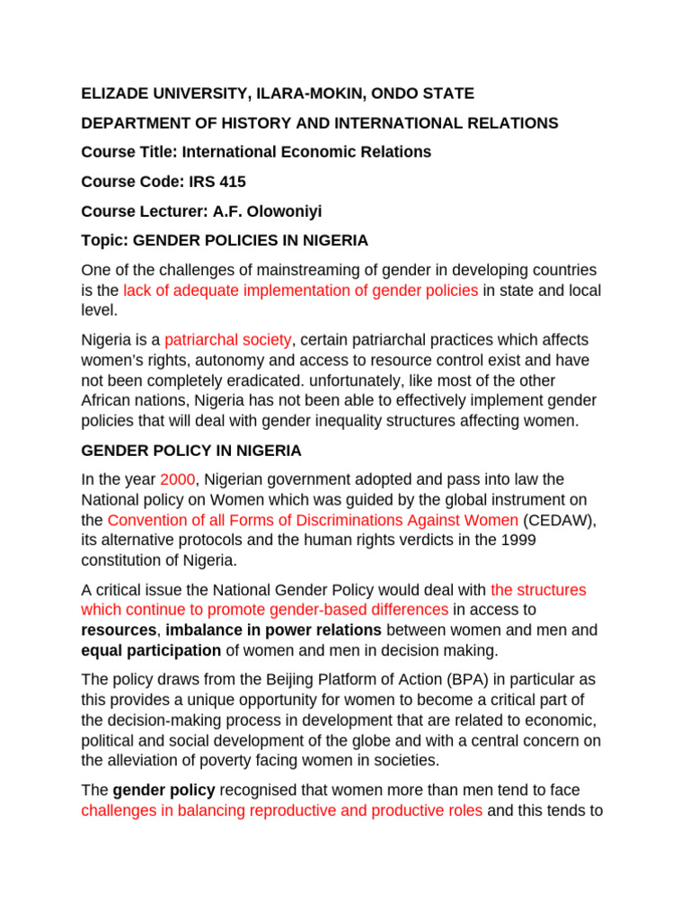 Gender Policies and Implementation in Nigeria | PDF | Patriarchy | Gender
