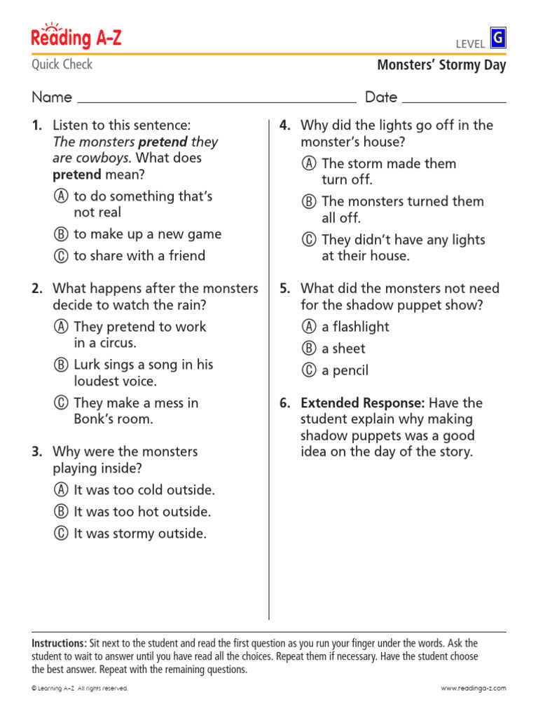 Monsters' Stormy Day Comprehension Quiz | PDF