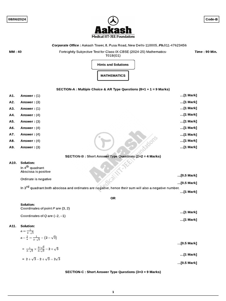 FST-1B (CBSE - G-1) Maths (C-09) (08-06-2024) - SOL | PDF