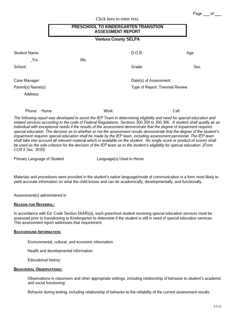 Preschool to Kindergarten Transition Assessment Report | PDF ...