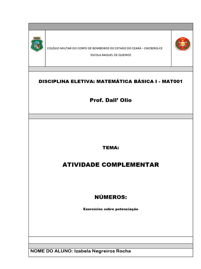 Atividade Matem-Tica B-Sica. Izabela Negreiros Rocha | PDF