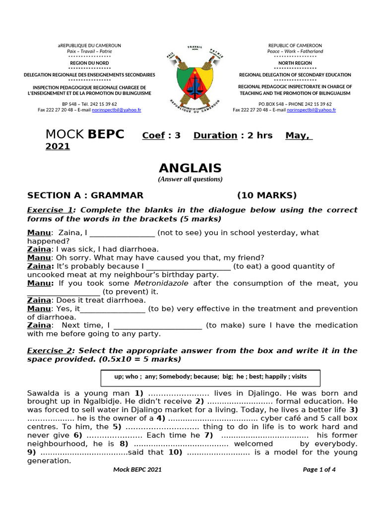 Mock BEPC 2021 English Exam Guide | PDF | Adolescence