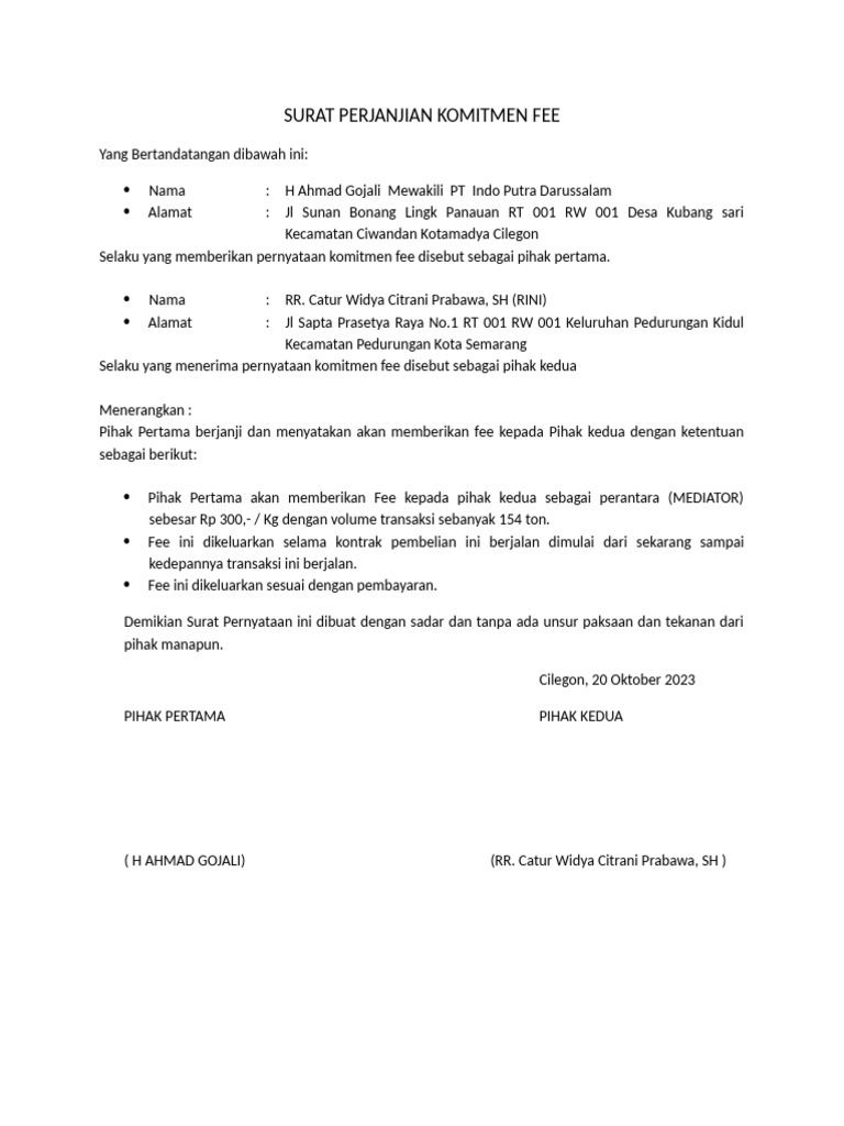 Surat Perjanjian Komitmen Fee | PDF