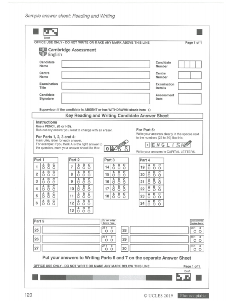 A2 Key 1 (2020) Answer Sheet | PDF