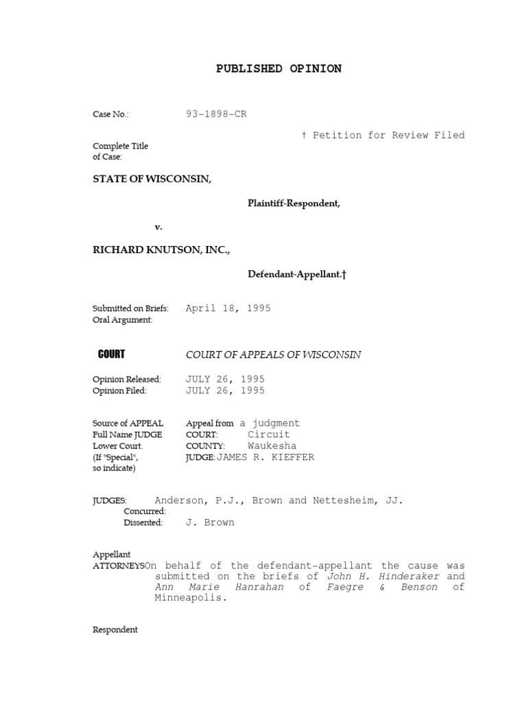 STATE OF WISCONSIN v RICHARD KNUTSON, INC WICA | PDF | Negligence ...
