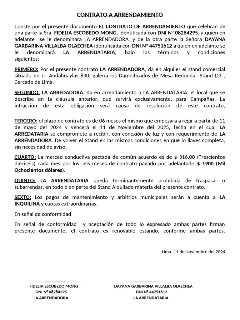 Contrato A Arrendamiento Fidelia Escobedo Vesina | PDF