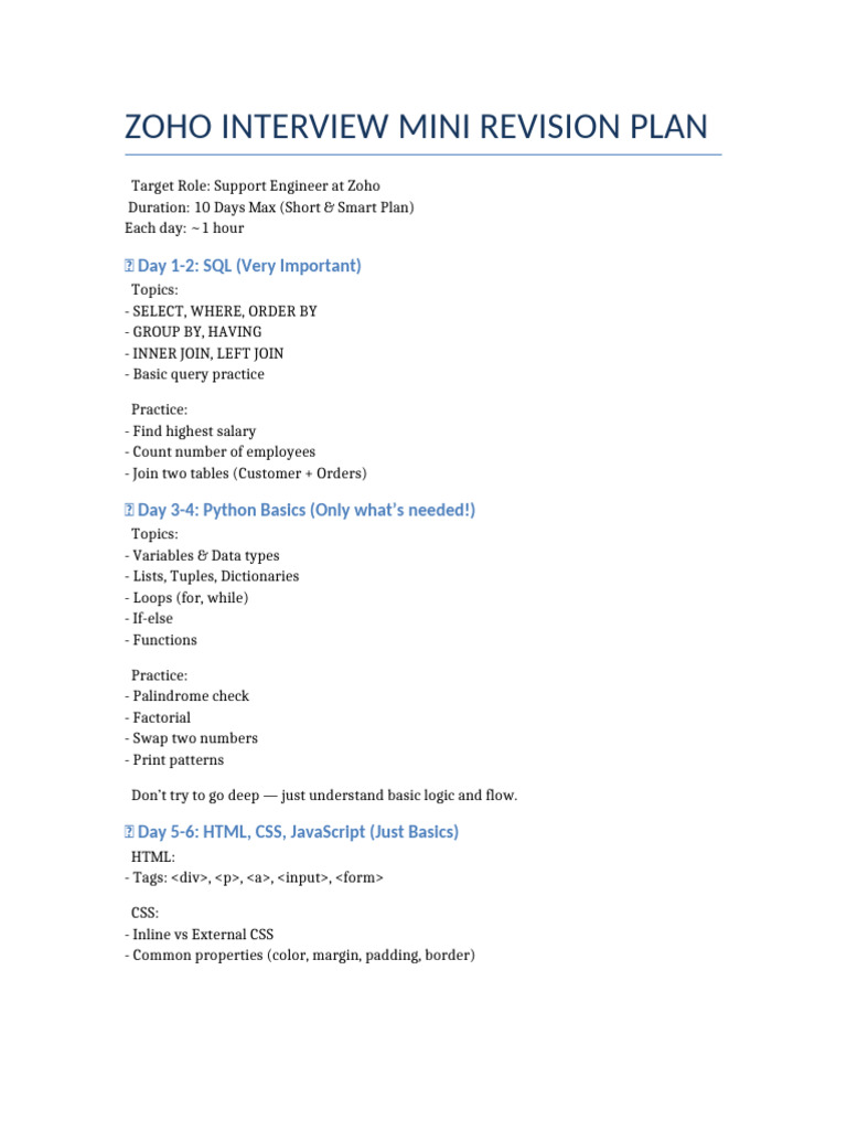 Zoho Interview Revision Plan Baby Girl | PDF