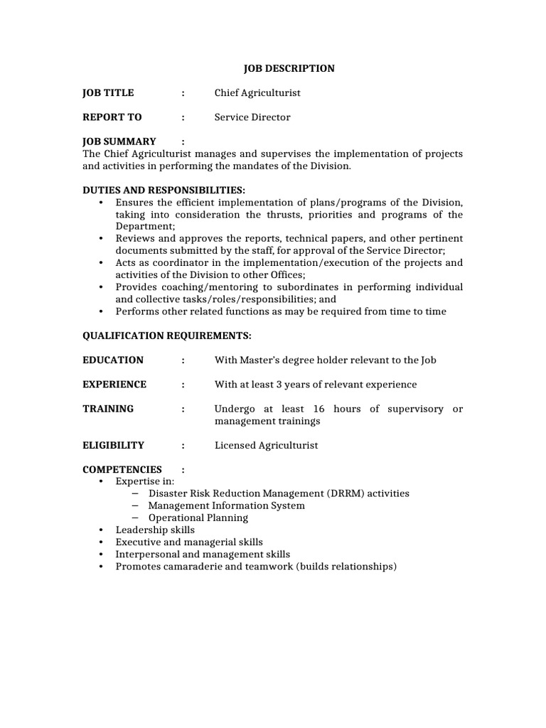 Chief Agriculturist Job Overview | PDF