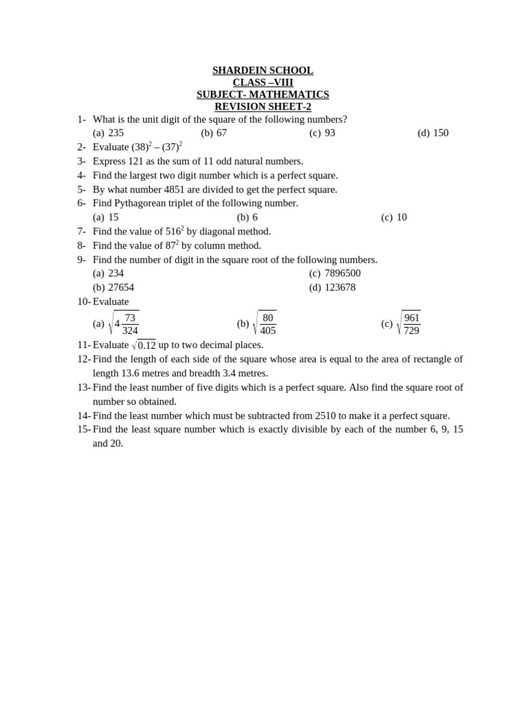 Class 8 Unit 1 revision sheet 2 | PDF
