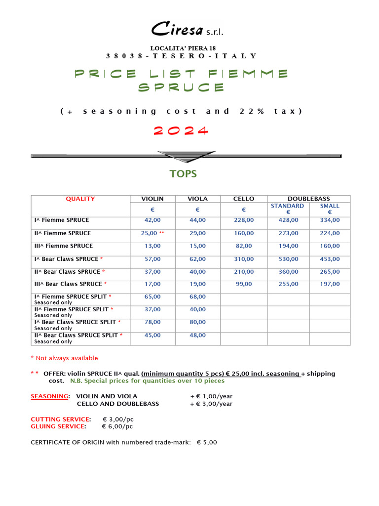 Ciresa Company Spruce Price List | PDF | Guitars | Cello