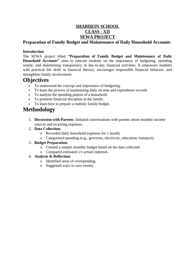 Family Budgeting for Class 12 SEWA Project | PDF
