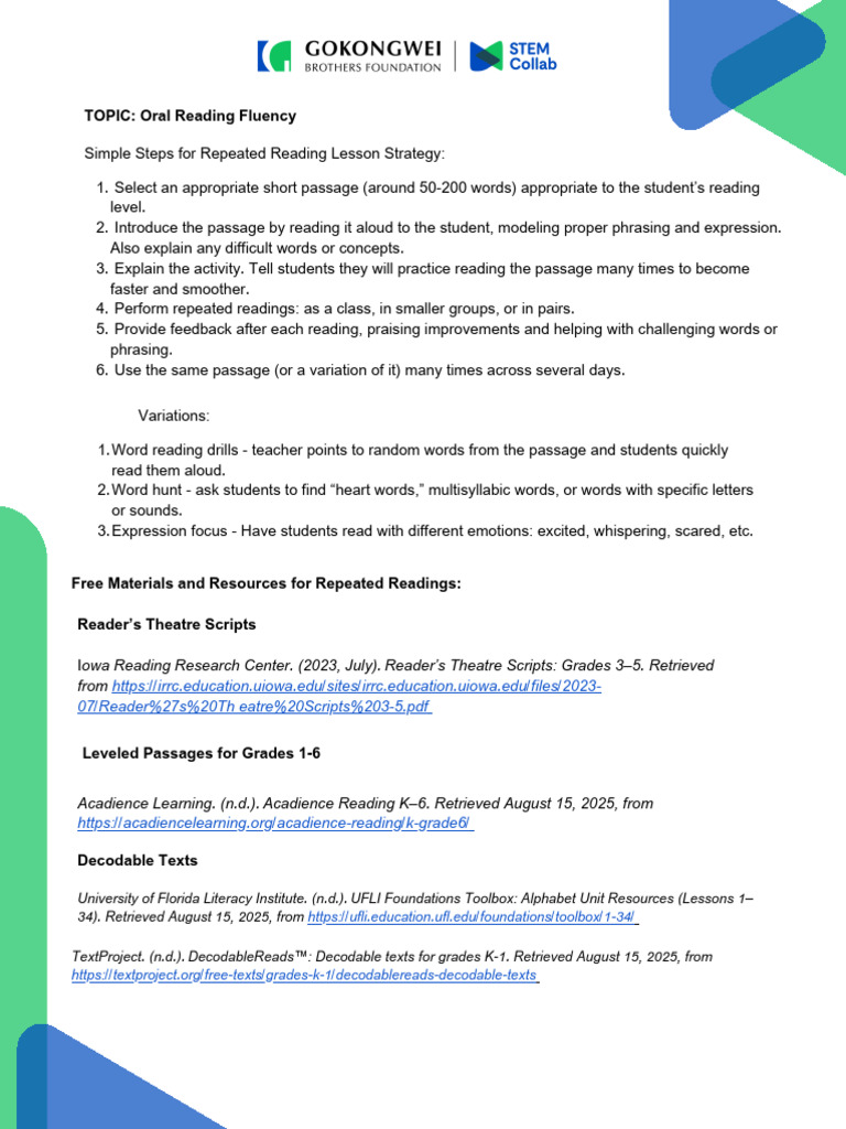 Oral Reading Fluency Strategies K-6 | PDF