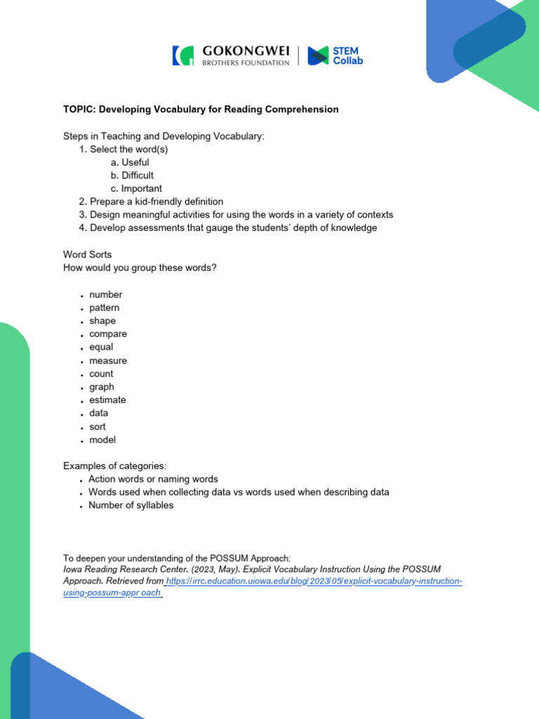 Vocabulary Development with POSSUM Approach | PDF