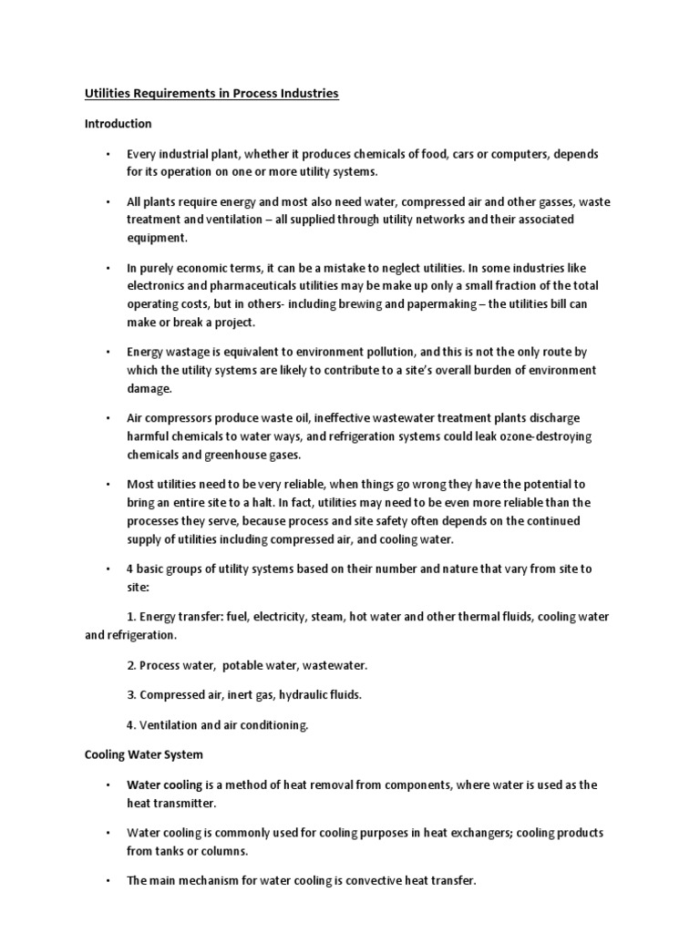 Utilities Requirements in Process Industries | PDF | Refrigeration | Water