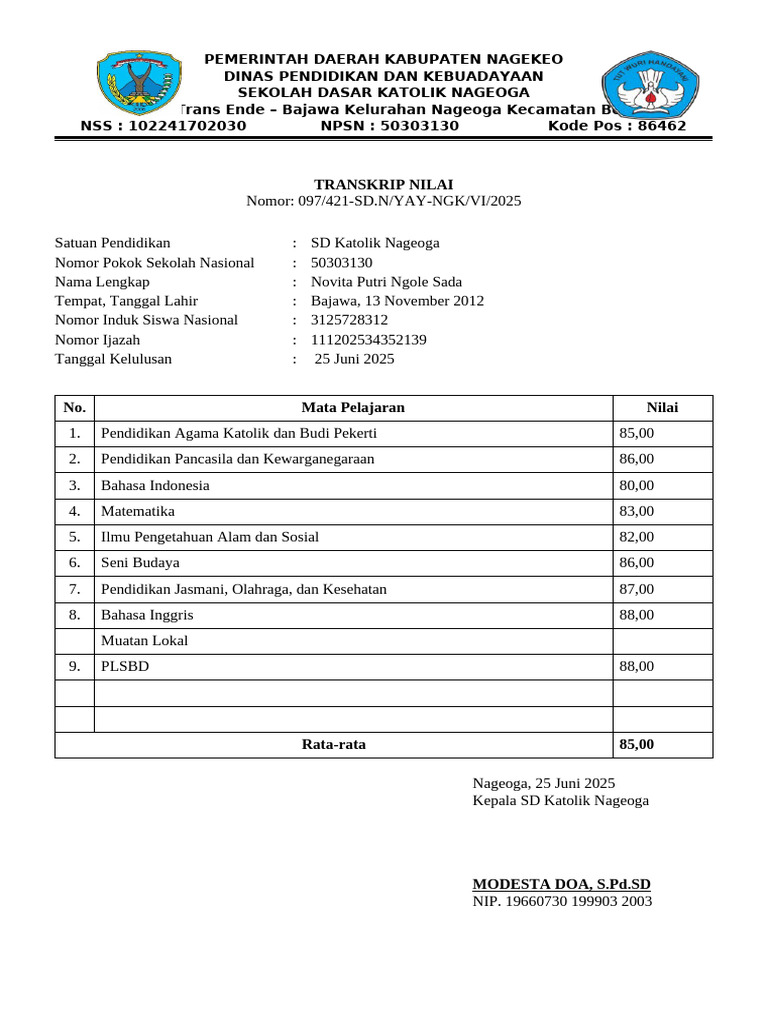 Contoh Format Transkrip Nilai | PDF