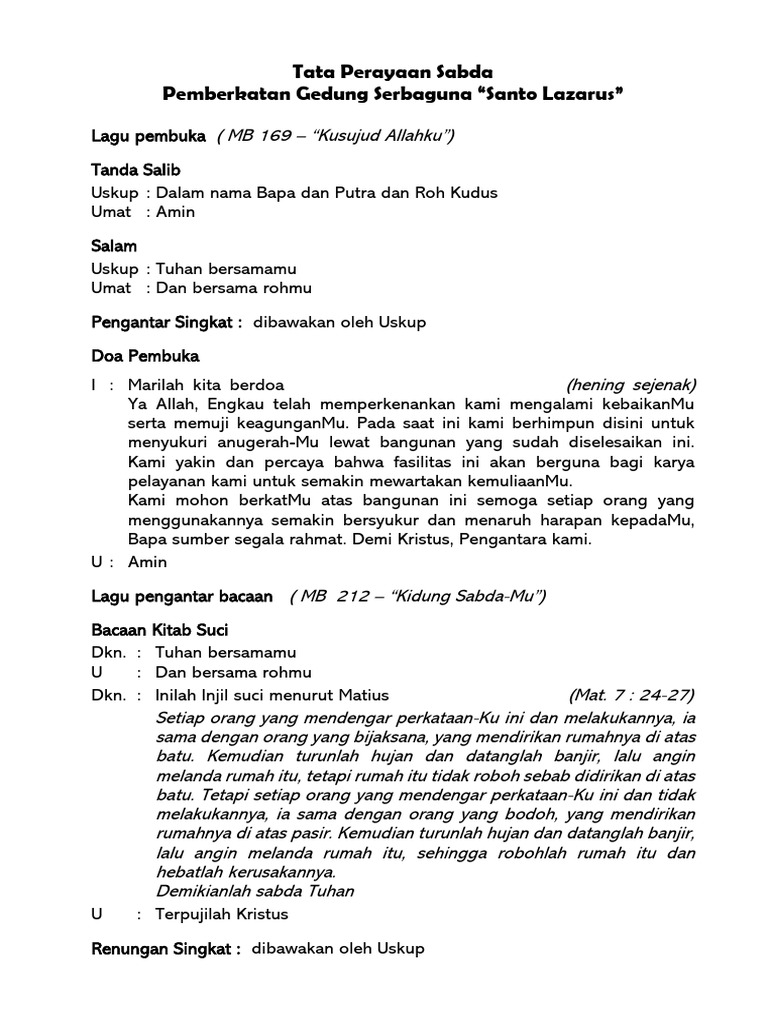 Ibadat Pemberkatan Gedung Serba Guna | PDF